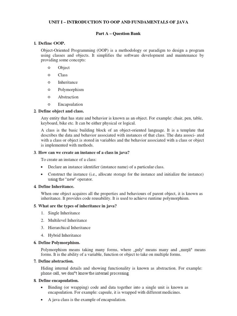 Define Oop Unit I Introduction To Oop And Fundamentals Of Java Pdf Inheritance Object