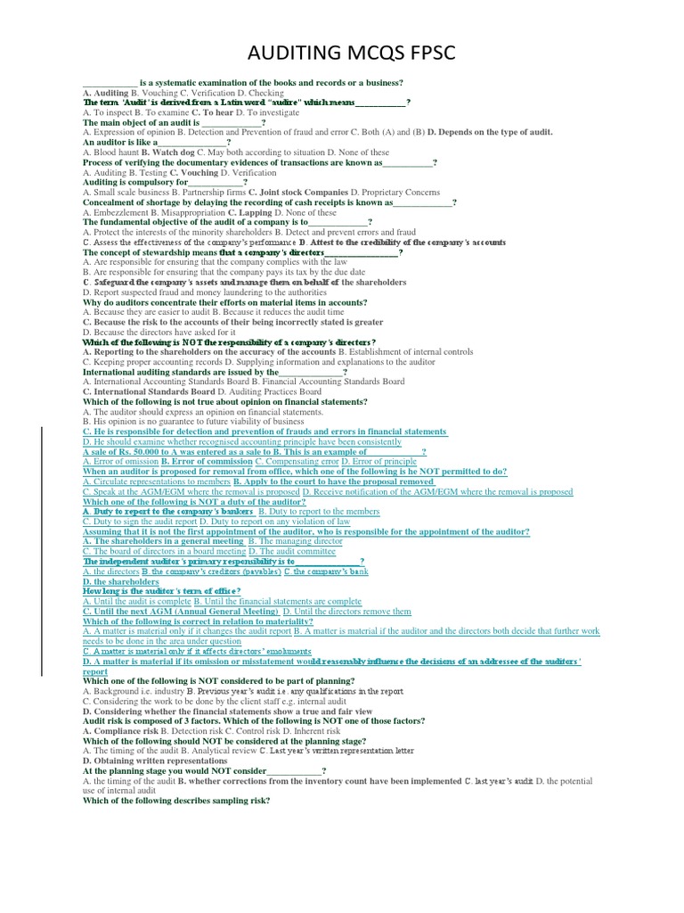 FPSC Auditing Mcqs | PDF | Financial Audit | Audit