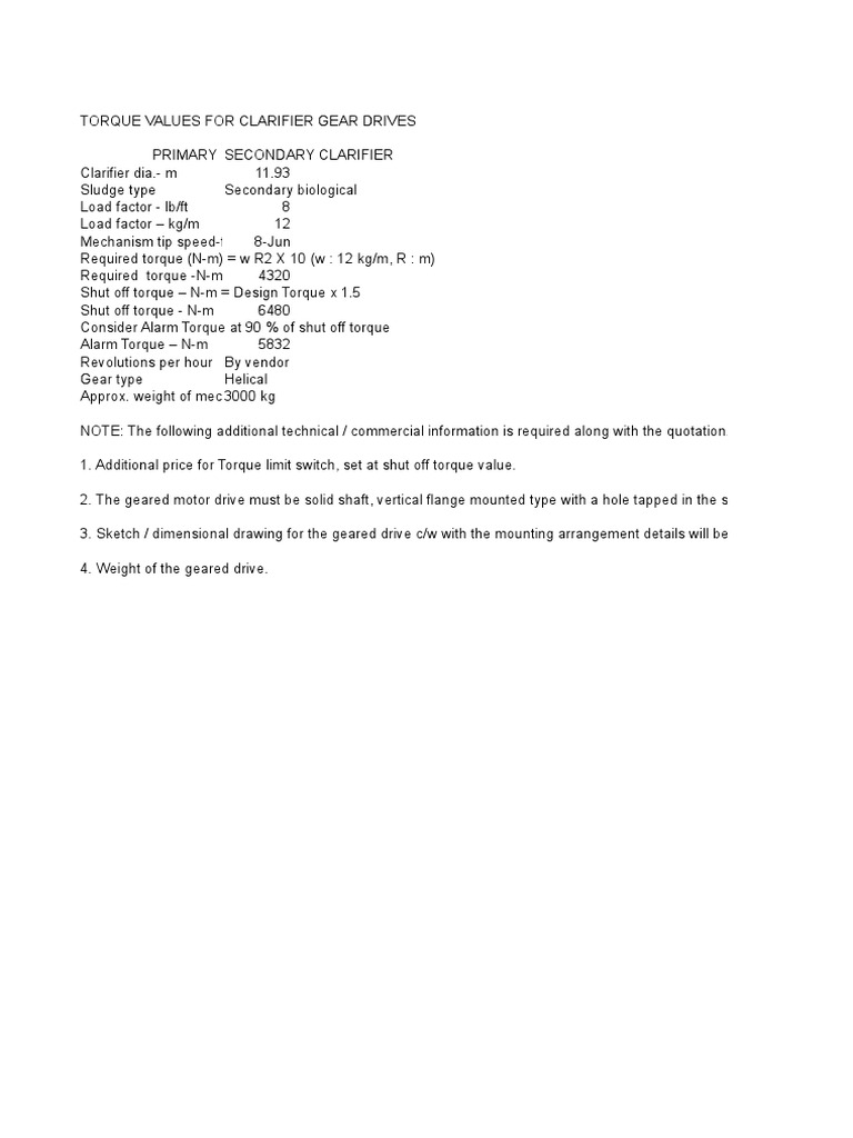 Torque Requirements and Specifications for Clarifier Gear Drives | PDF ...