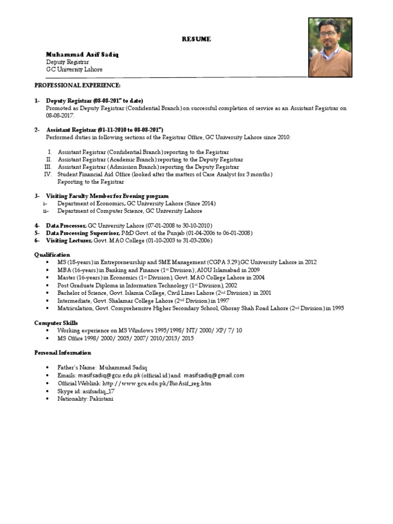 Resume Muhammad Asif Sadiq Deputy Registrar GC University Lahore | PDF