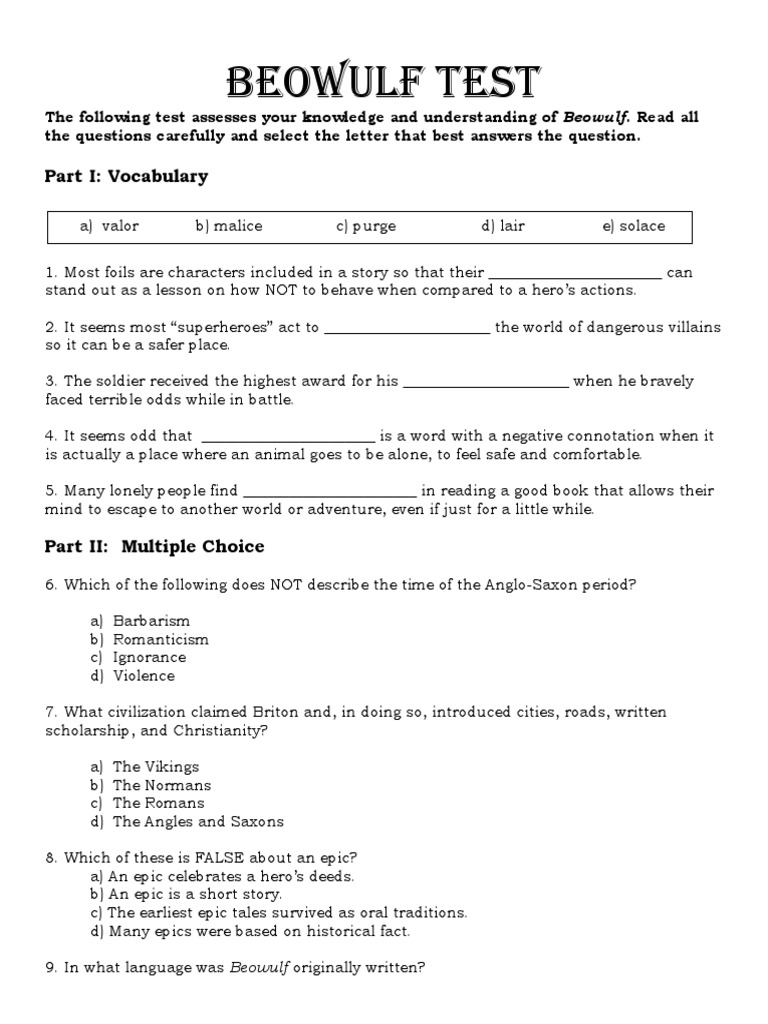 Beowulf Practice Test | PDF | Beowulf | English Heroic Legends