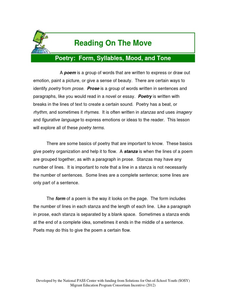 Reading On The Move: Poetry: Form, Syllables, Mood, and Tone | PDF ...