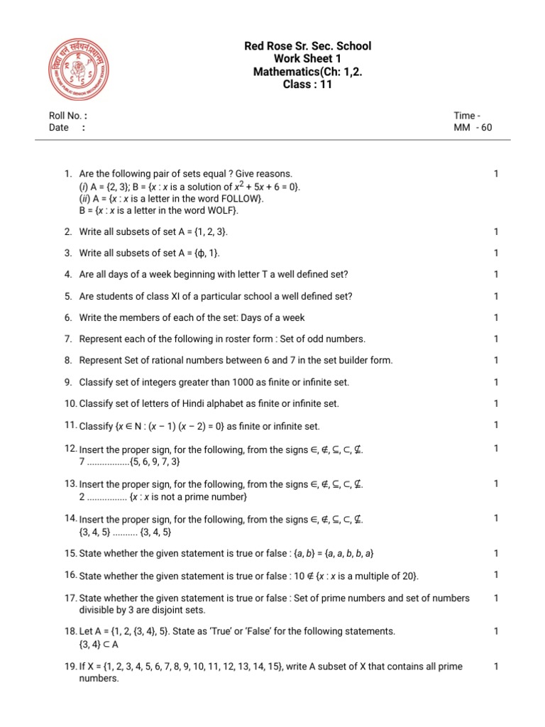 Red Rose Sr. Sec. School Work Sheet 1 Mathematics (CH: 1,2. Class: 11 ...