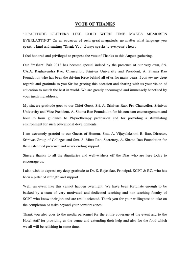 Vote of Thanks | Download Free PDF | Gratitude | Behavior Modification