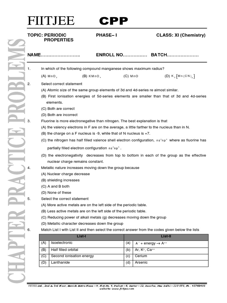 Fiitjee: Topic: Periodic Phase - I Class: Xi (Chemistry) Properties | PDF | Periodic Table | Ion