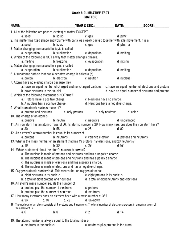 Grade 8 Summative Test (Matter) NAME: - YEAR & SEC.: - DATE: - SCORE ...