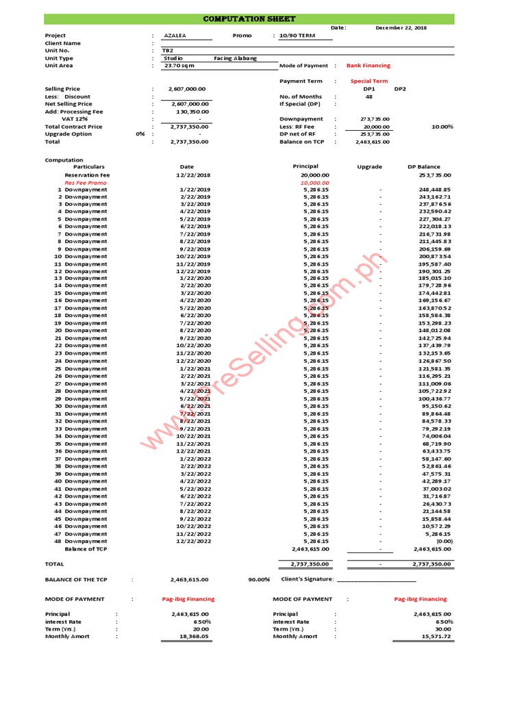 Anuva Residences Studio Sample Computation | PDF | Fee | Private Law