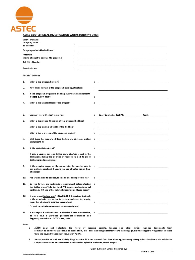 ASTEC Geotechnical Inquiry Form | PDF | Geotechnical Engineering | Business