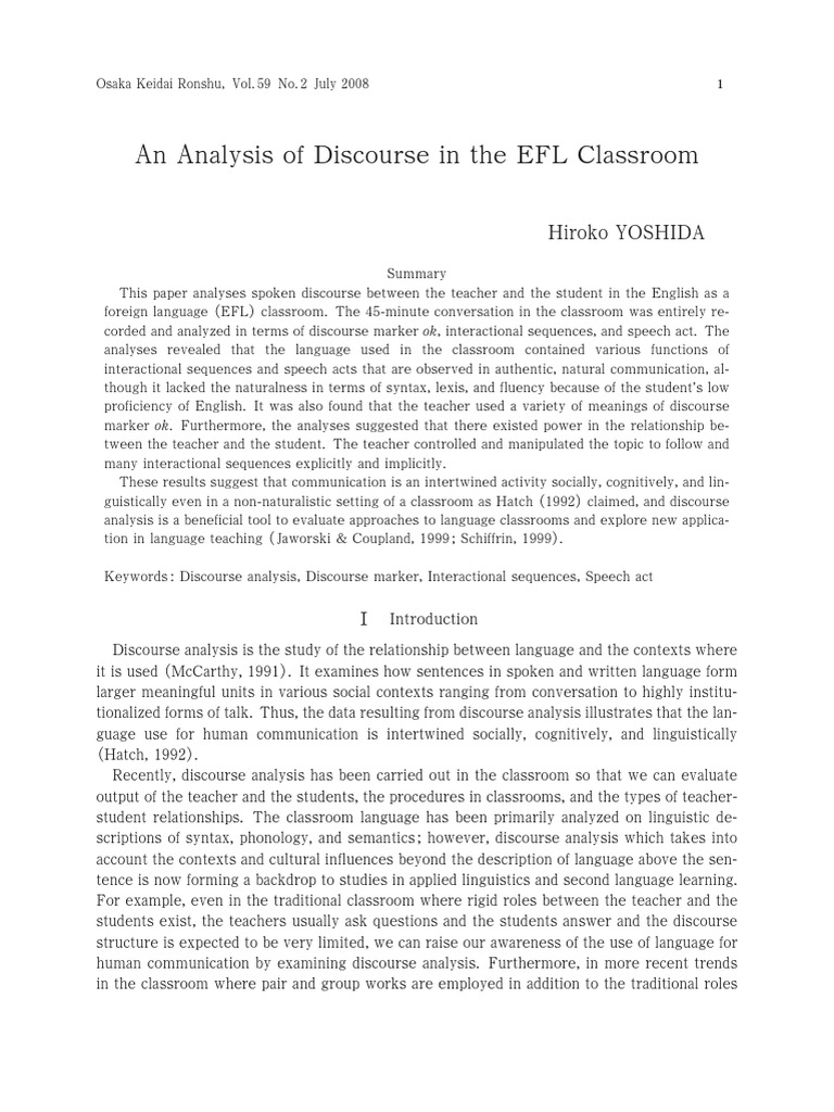 Discourse Analysis in EFL Classrooms | PDF | Question | Discourse