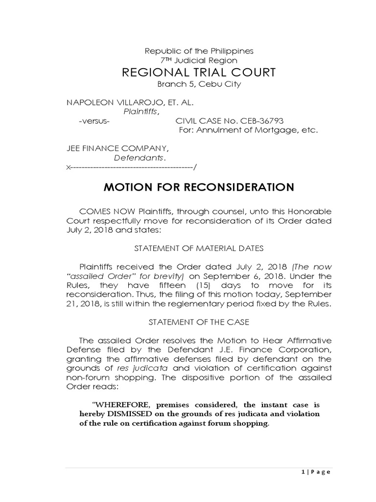 Motion For Reconsideration | PDF | Res Judicata | Mortgage Law