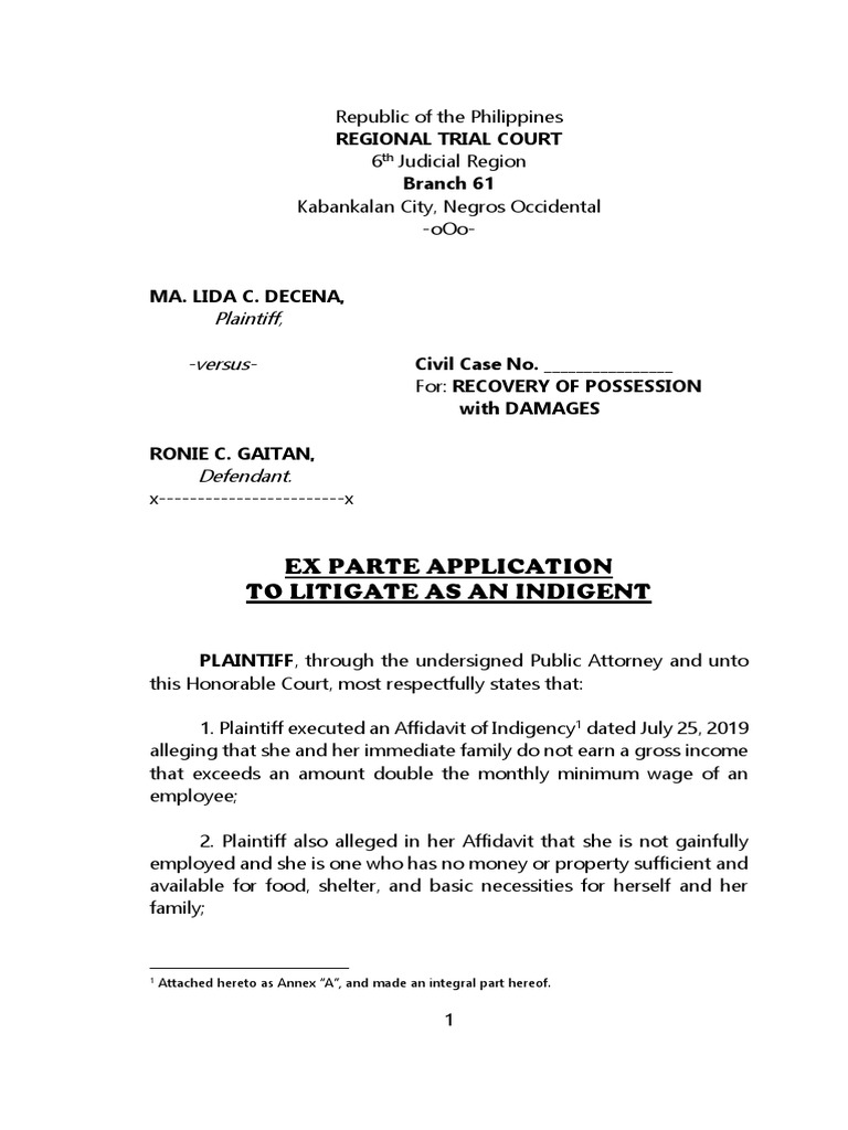 Ex Parte Application To Litigate As An Indigent | PDF | Attorney's Fee ...