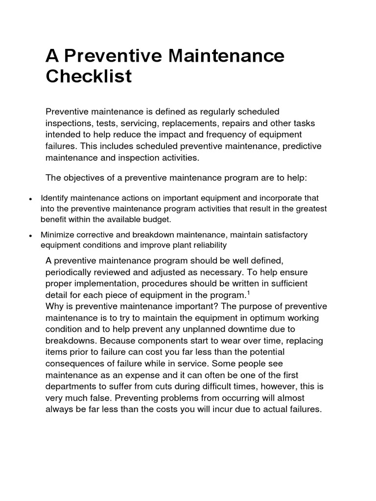 Preventive Maintenance Checklist | PDF | Duct (Flow) | Manufactured Goods