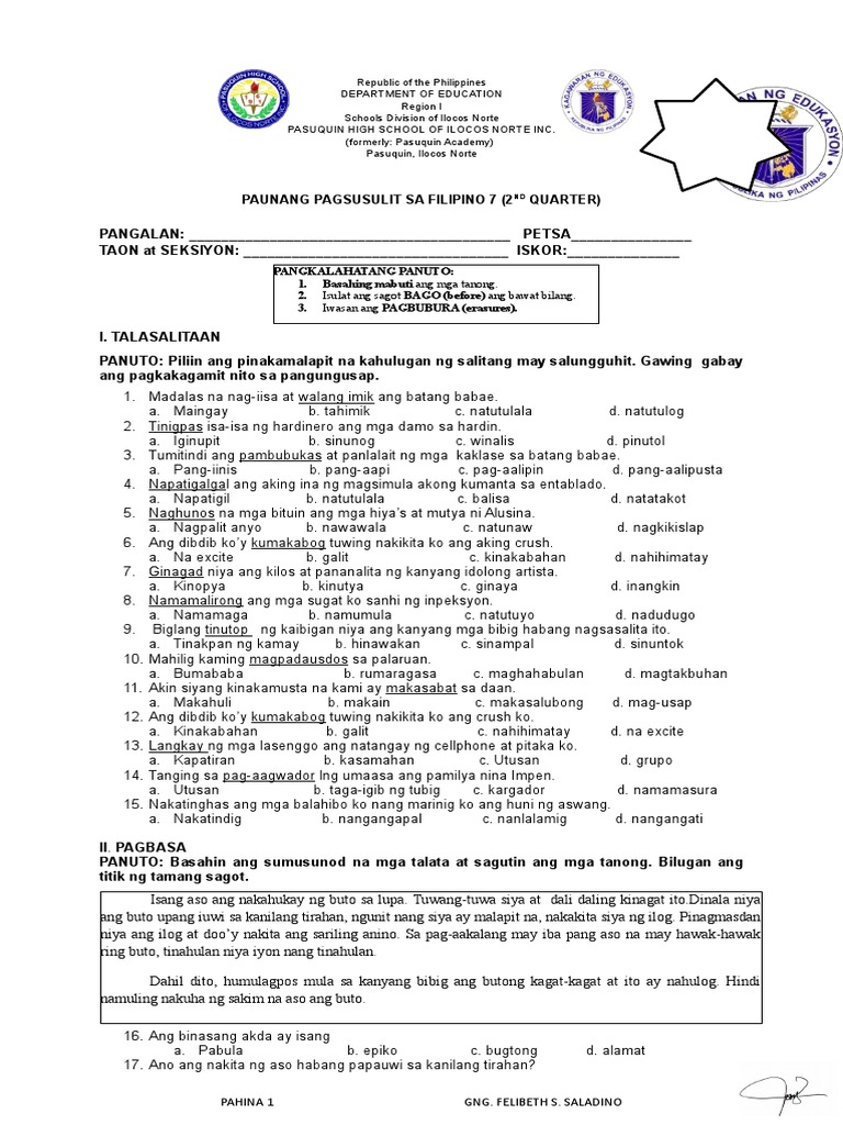2nd Quarter Pagsusulit Sa Grade 7 | PDF