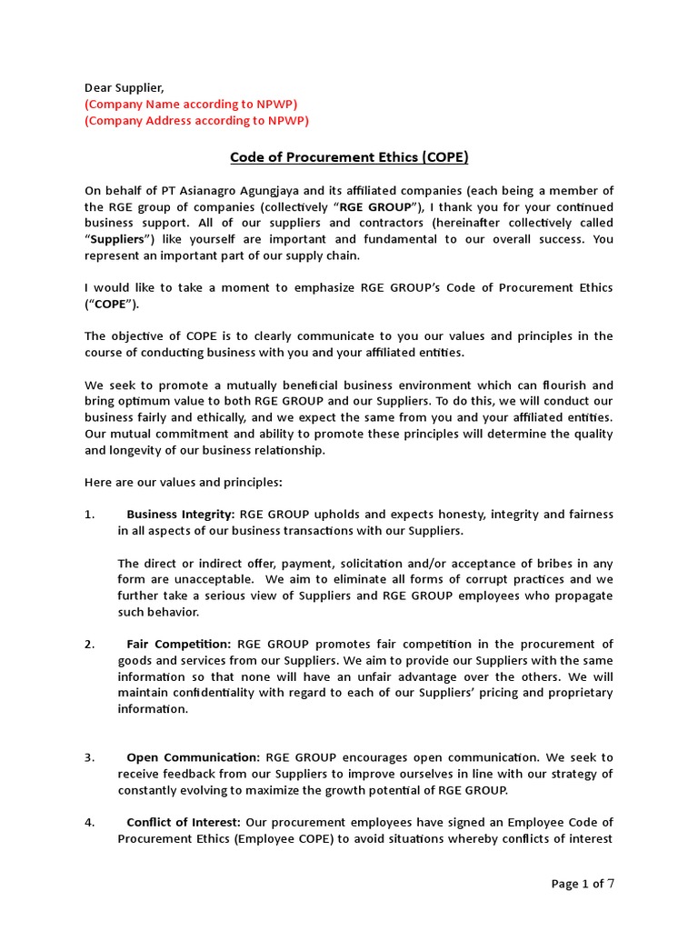 Code of Procurement Ethics (COPE) : (Company Name According To NPWP ...
