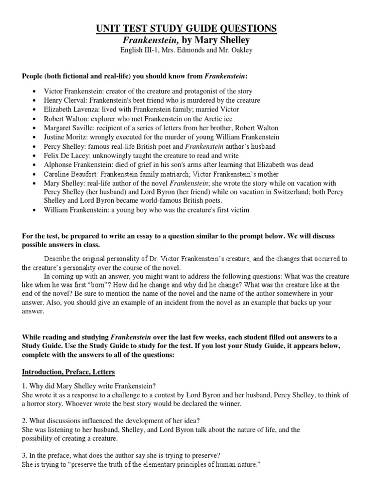 Frankenstein Unit Test Study Guide | Download Free PDF | Frankenstein