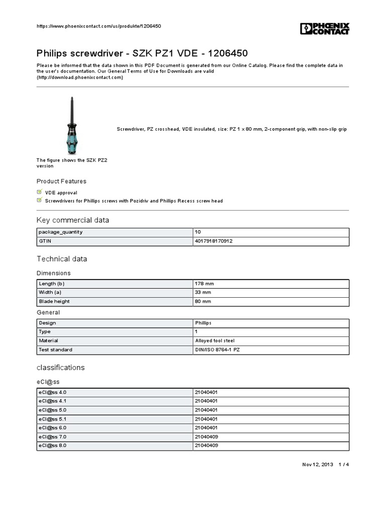 Philips Screwdriver - SZK PZ1 VDE - 1206450: Key Commercial Data | PDF