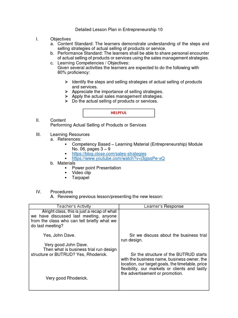 Applying Sales Strategies: A Detailed Lesson Plan on Performing Actual ...