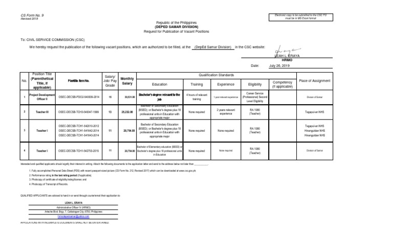 (Deped Samar Division) : CS Form No. 9 | PDF | Academic Degree ...
