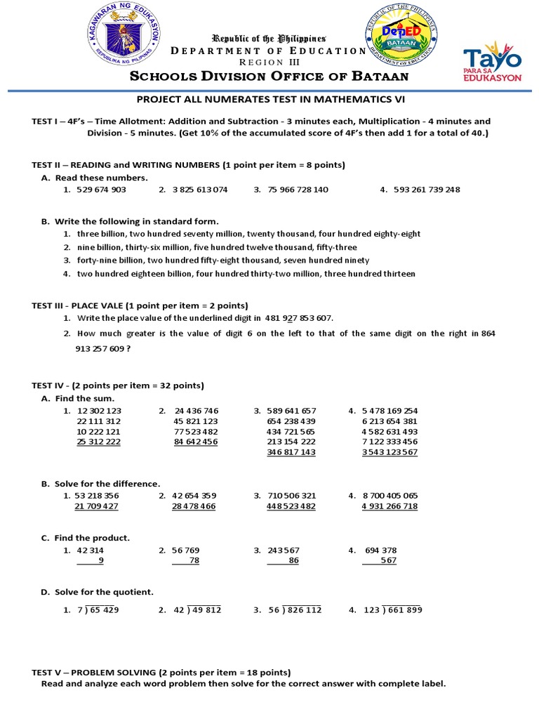 Project ALL Numerates Test in Mathematics VI: A Comprehensive ...