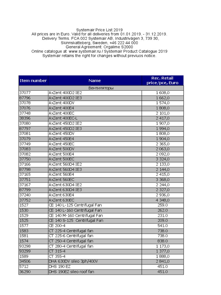 Price List Systemair | PDF | Economic Sectors | Structural Engineering