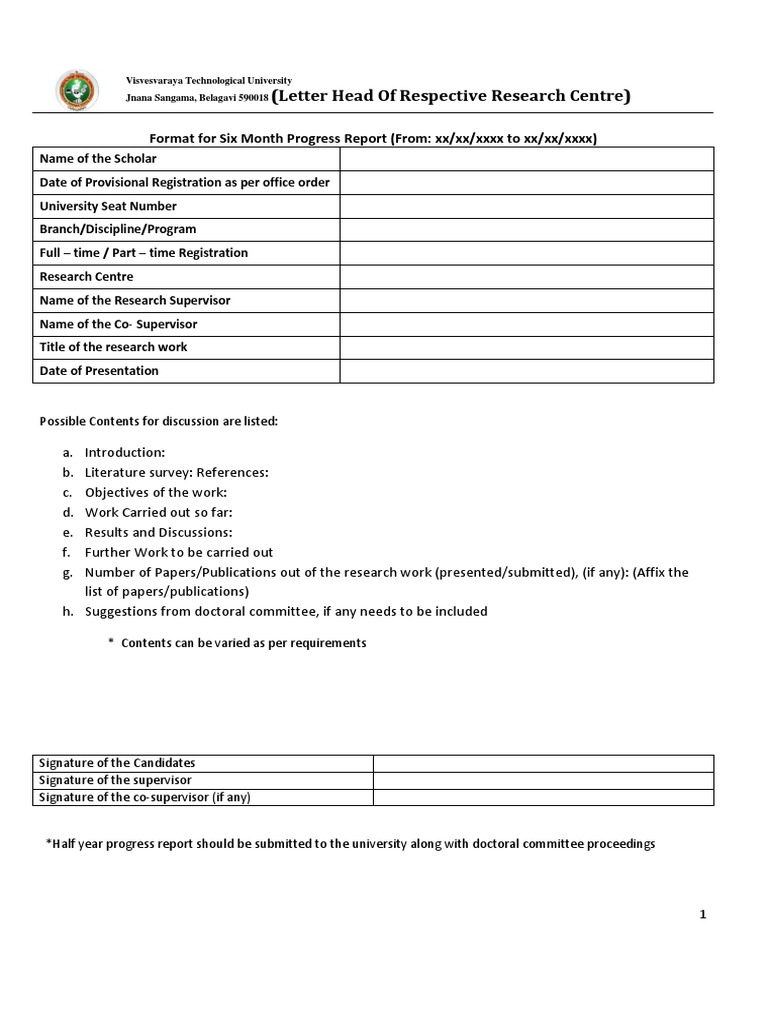 (Letter Head of Respective Research Centre) : Format For Six Month ...