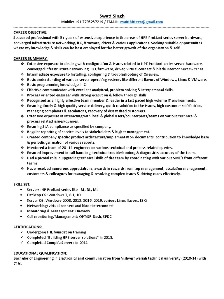 Resume - Swati Singh (21jul19) | PDF | Computer Network | Operating System