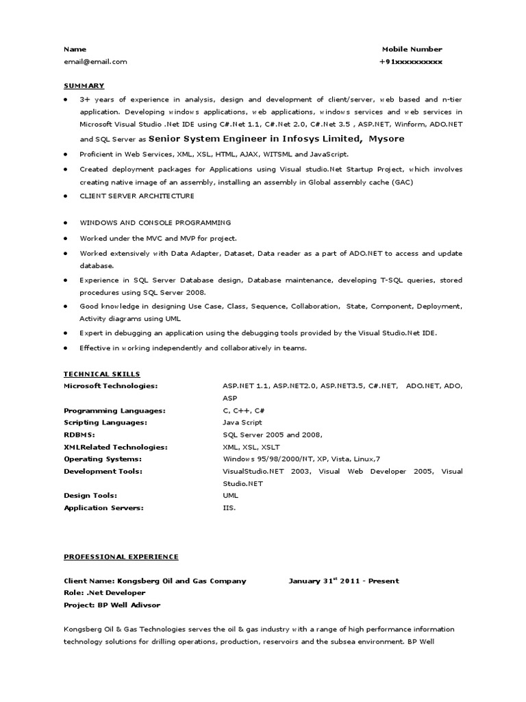 Senior System Engineer in Infosys Limited, Mysore | PDF | Microsoft Sql ...