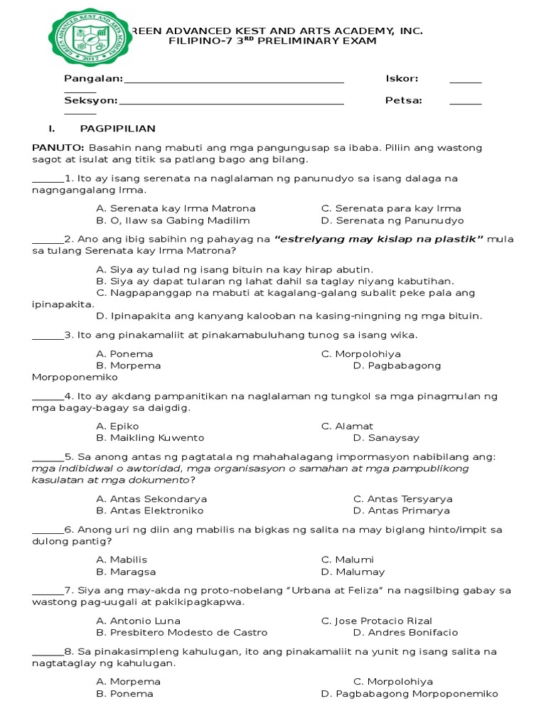 3rd Prelim Exam in Filipino-7 | PDF