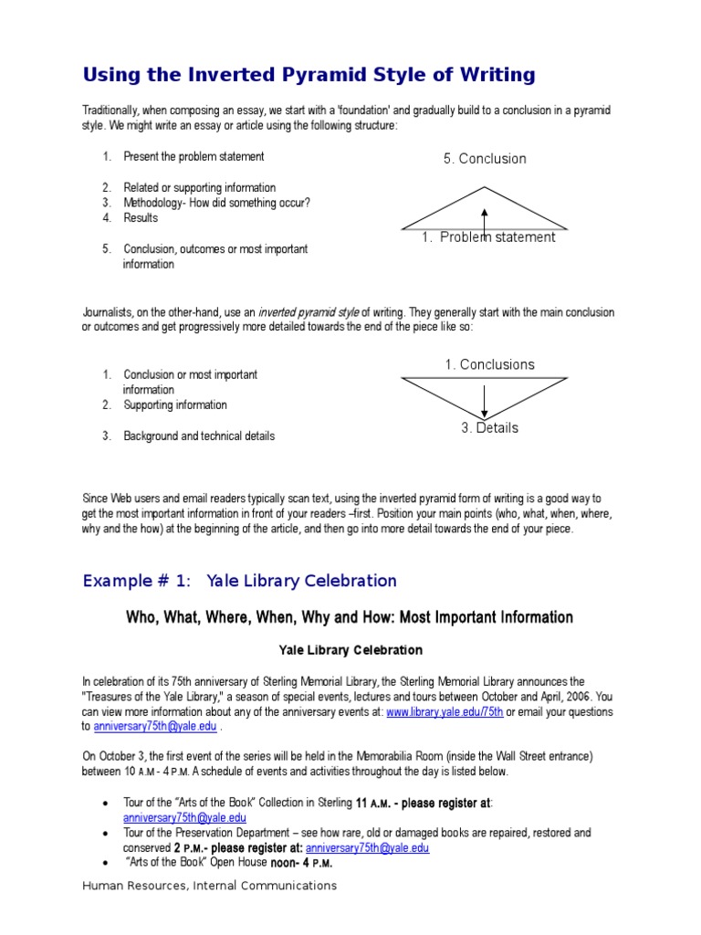 Using The Inverted Pyramid Style of Writing: Example # 1: Yale Library ...