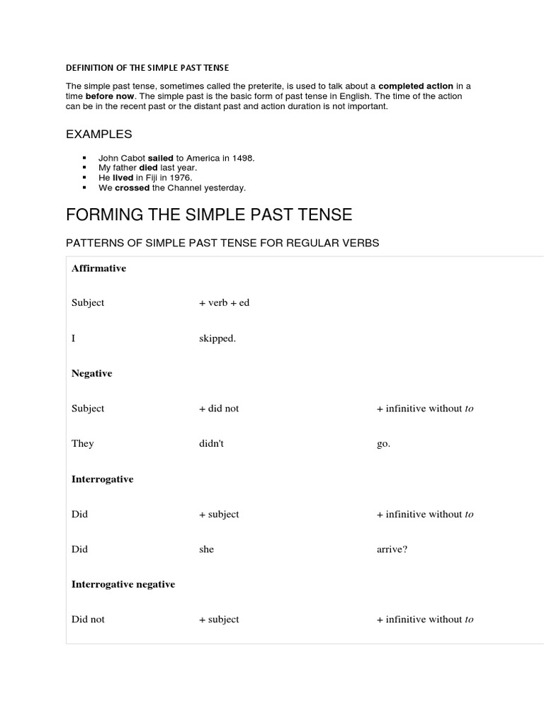 Definition of The Simple Past Tense | PDF