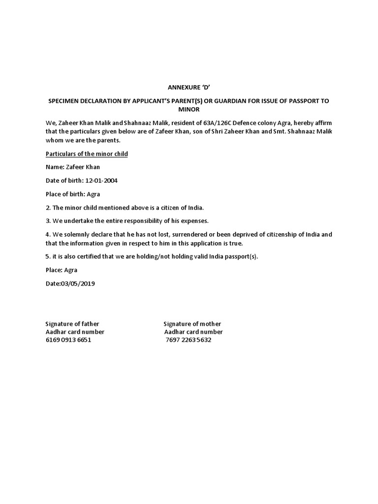 Annexure D' Specimen Declaration by Applicant'S Parent (S) or Guardian ...