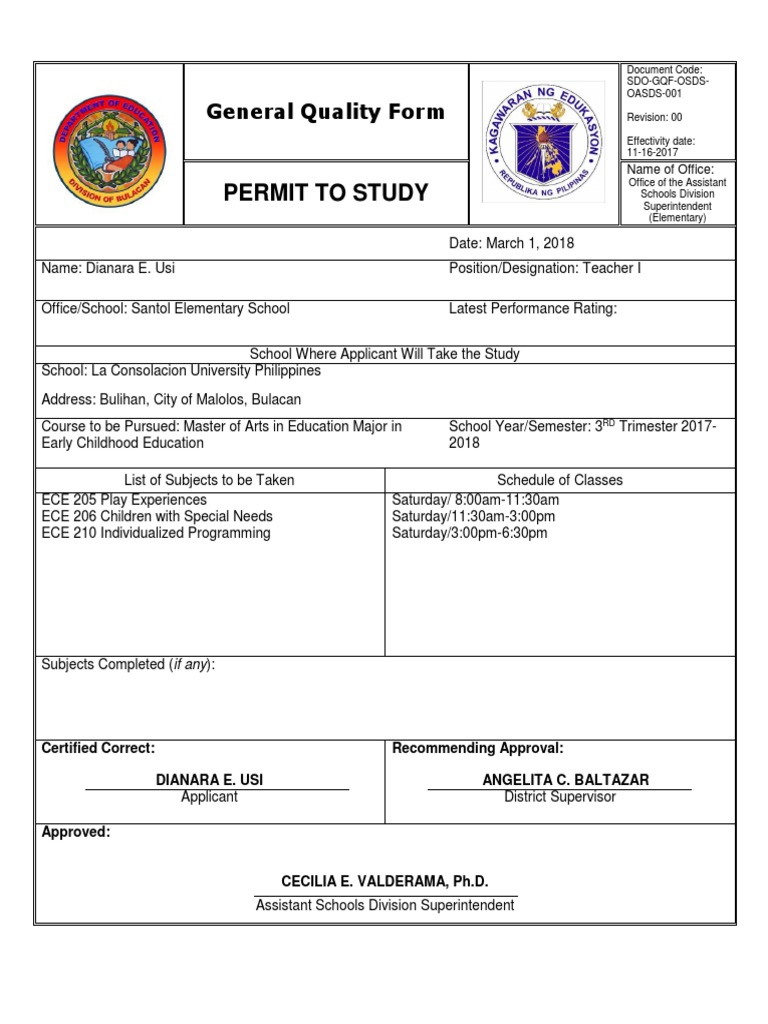 Permit To Study: General Quality Form | PDF | Academic Term | Early ...