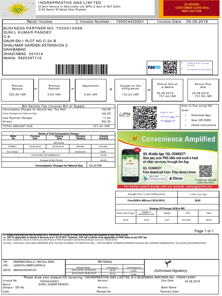 Indraprastha Gas Limited Retail Invoice for Natural Gas Supply to ...