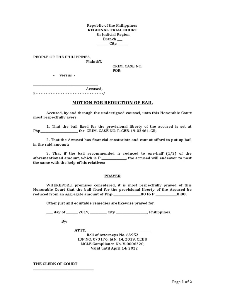 Motion For Reduction of Bail | PDF | Government Information | Social Institutions