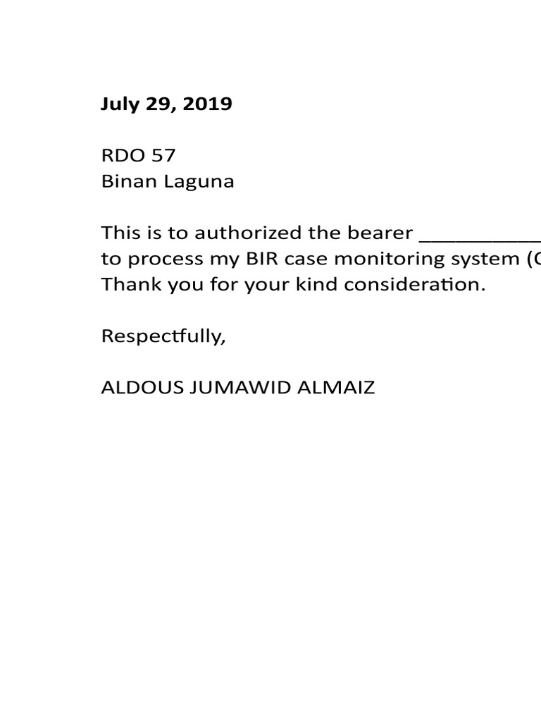 BIR Case Monitoring Authorization Letter | PDF