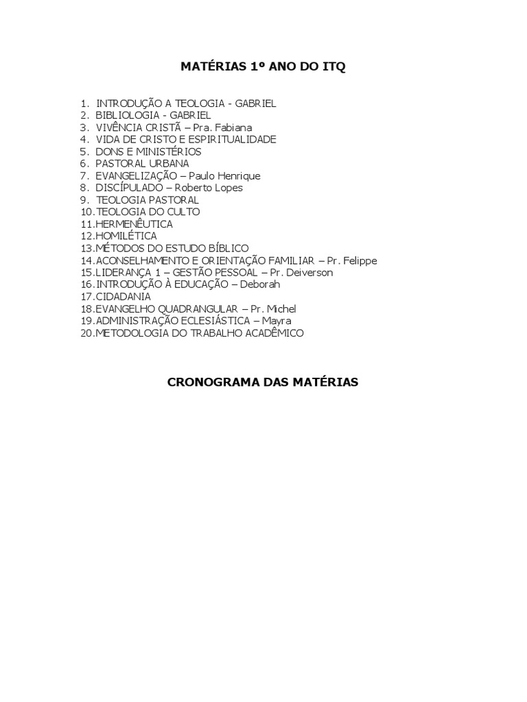 Curriculum do Primeiro Ano do Curso de Teologia do ITQ | PDF