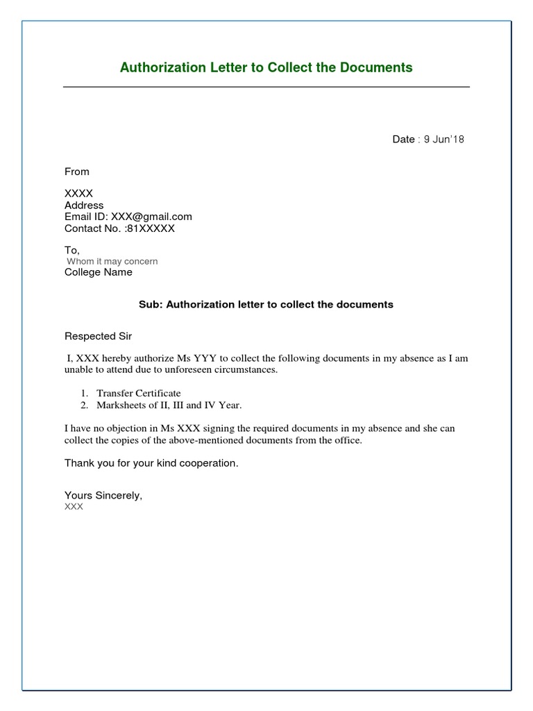 Authorization Letter To Collect The Documents | PDF