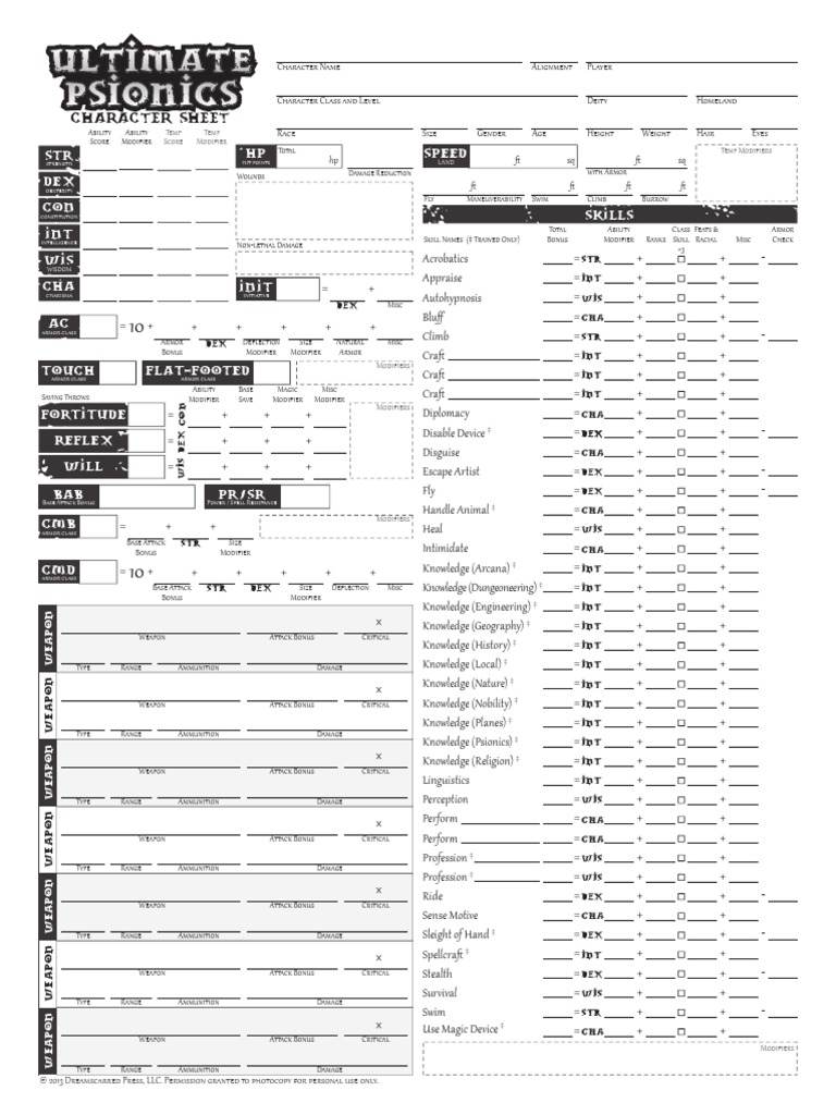 Character Sheet: STR HP Speed DEX CON INT WIS CHA AC Touch Fortitude ...