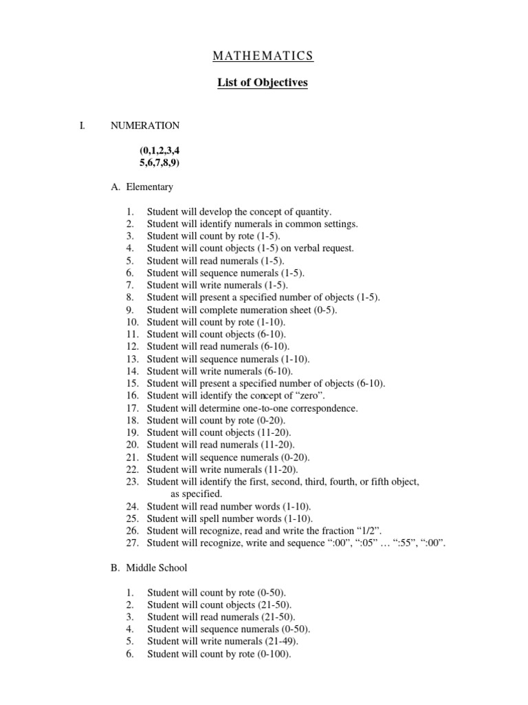 Mathematics List of Objectives | PDF | Gallon | Hour