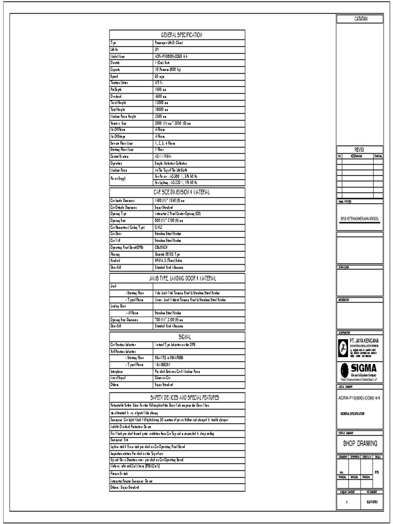 Specification Sheet for a Four-Stop, 10-Person Passenger Lift with Full ...