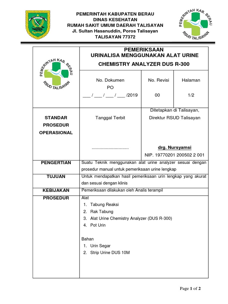 SOP Urinalisa Menggunakan Alat Urine Chemistry Analyzer DUS R-300 | PDF