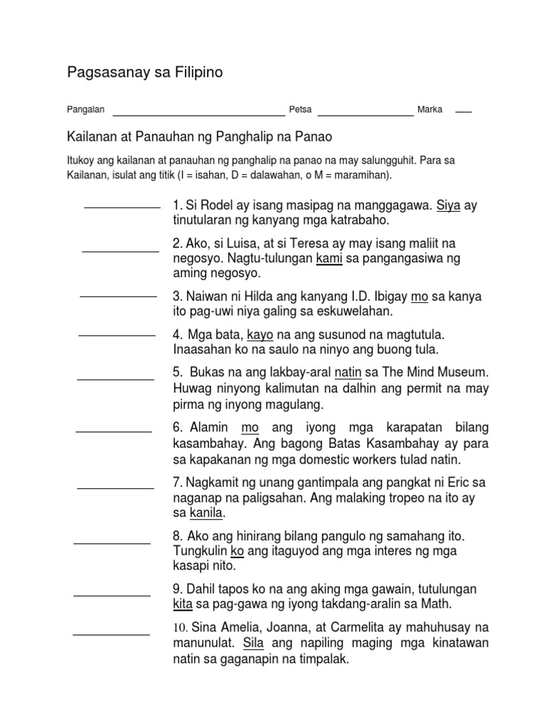 Kailanan at Panauhan NG Panghalip Na Panao 11 | PDF