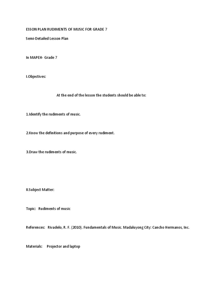 Grade 7 Music Rudiments Lesson Plan | PDF | Language Arts & Discipline ...
