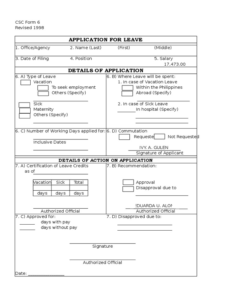 CSC Form 6: Leave Application Guide | PDF | Labor | Government