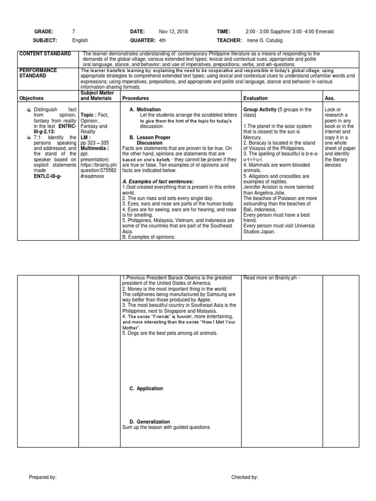 A. Examples of Fact Sentences | PDF | Learning | Linguistics