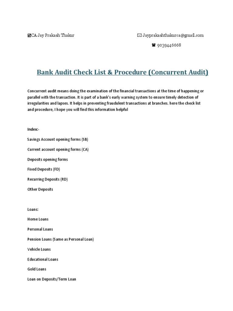 Bank Audit Check List & Procedure (Concurrent Audit) : Index | PDF ...