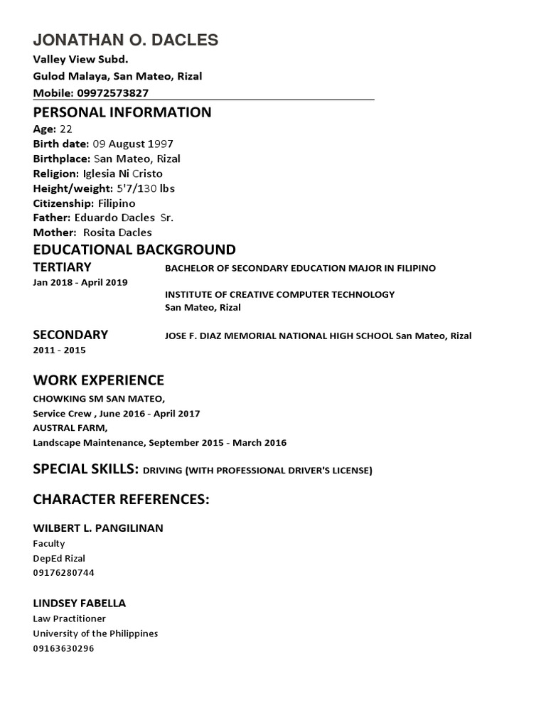 Personal Information: Jonathan O. Dacles | PDF