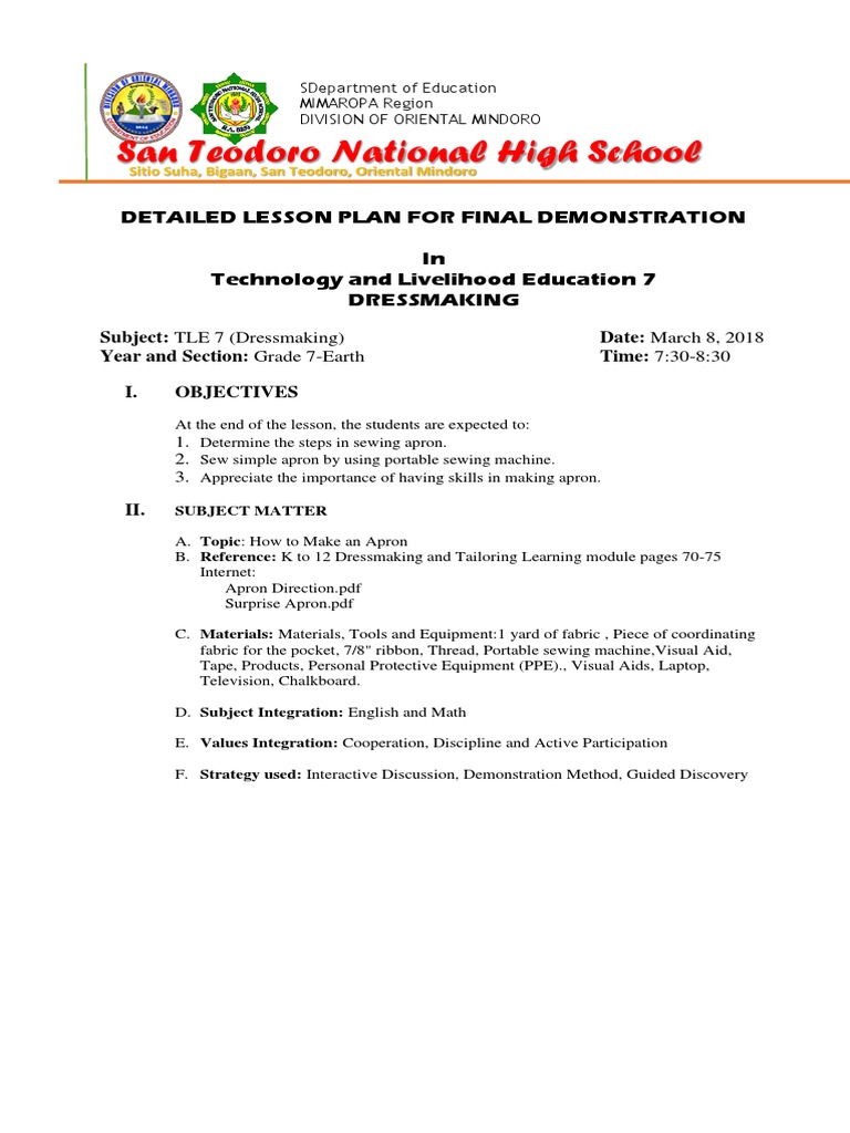 Detailed Lesson Plan in Tle Dressmaking | PDF | Sewing | Sewing Machine