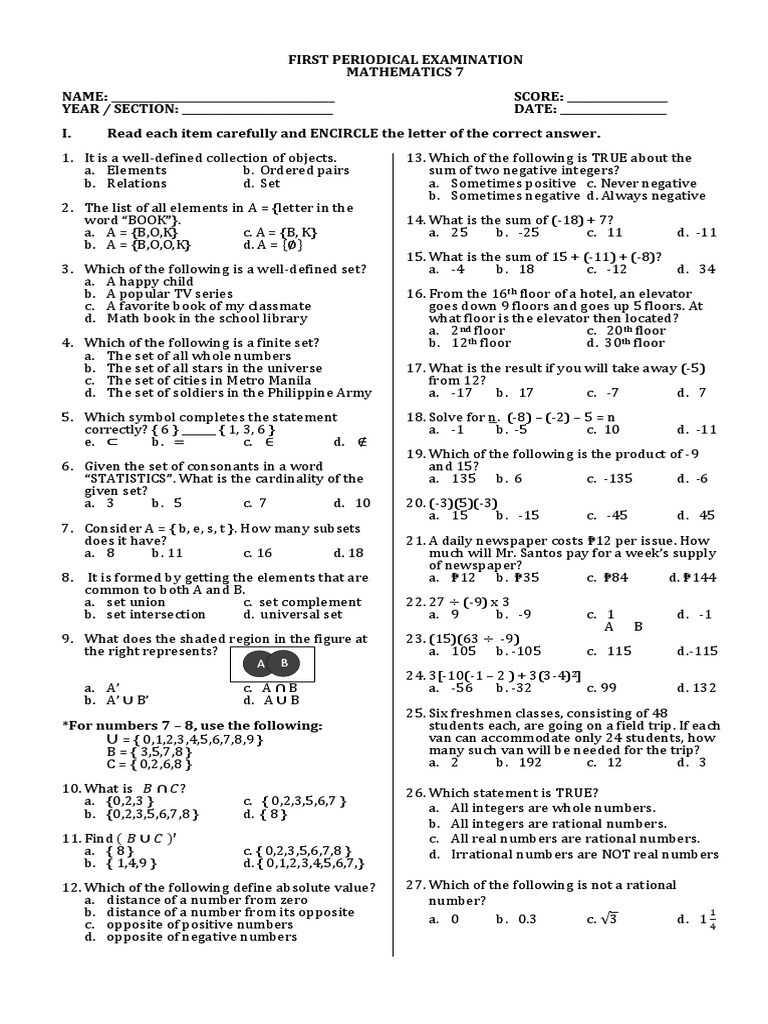 Grade 7 Math 1st Periodical Test | PDF | Rational Number | Integer