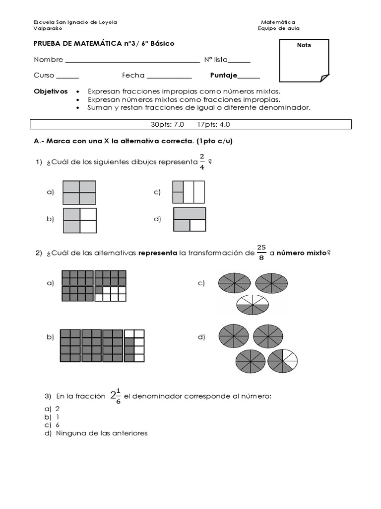 Prueba Fracciones Adaptada 6A | PDF | Fracción (Matemáticas) | Notación ...